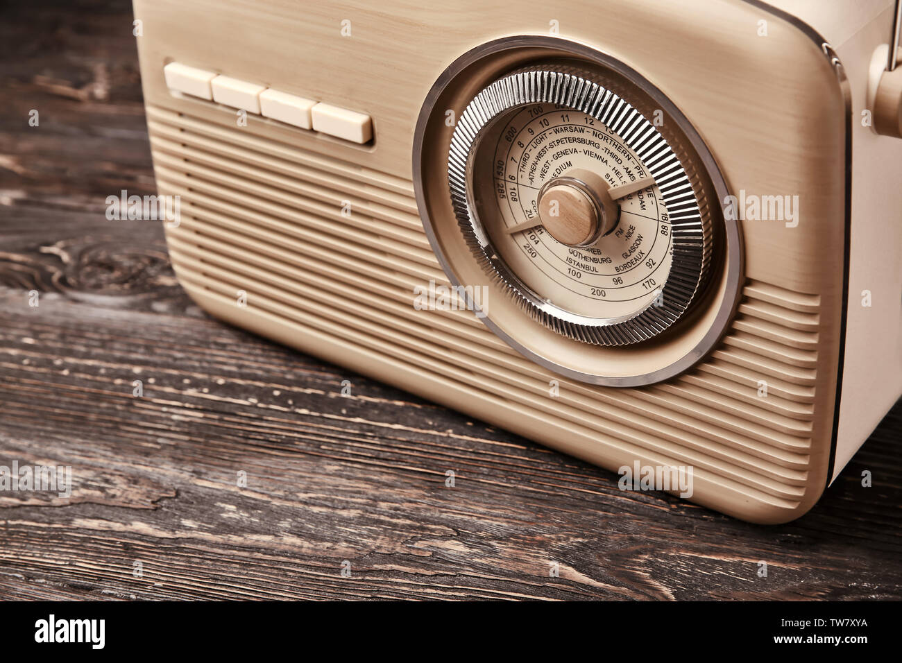 Retro radio on table, closeup Stock Photo - Alamy