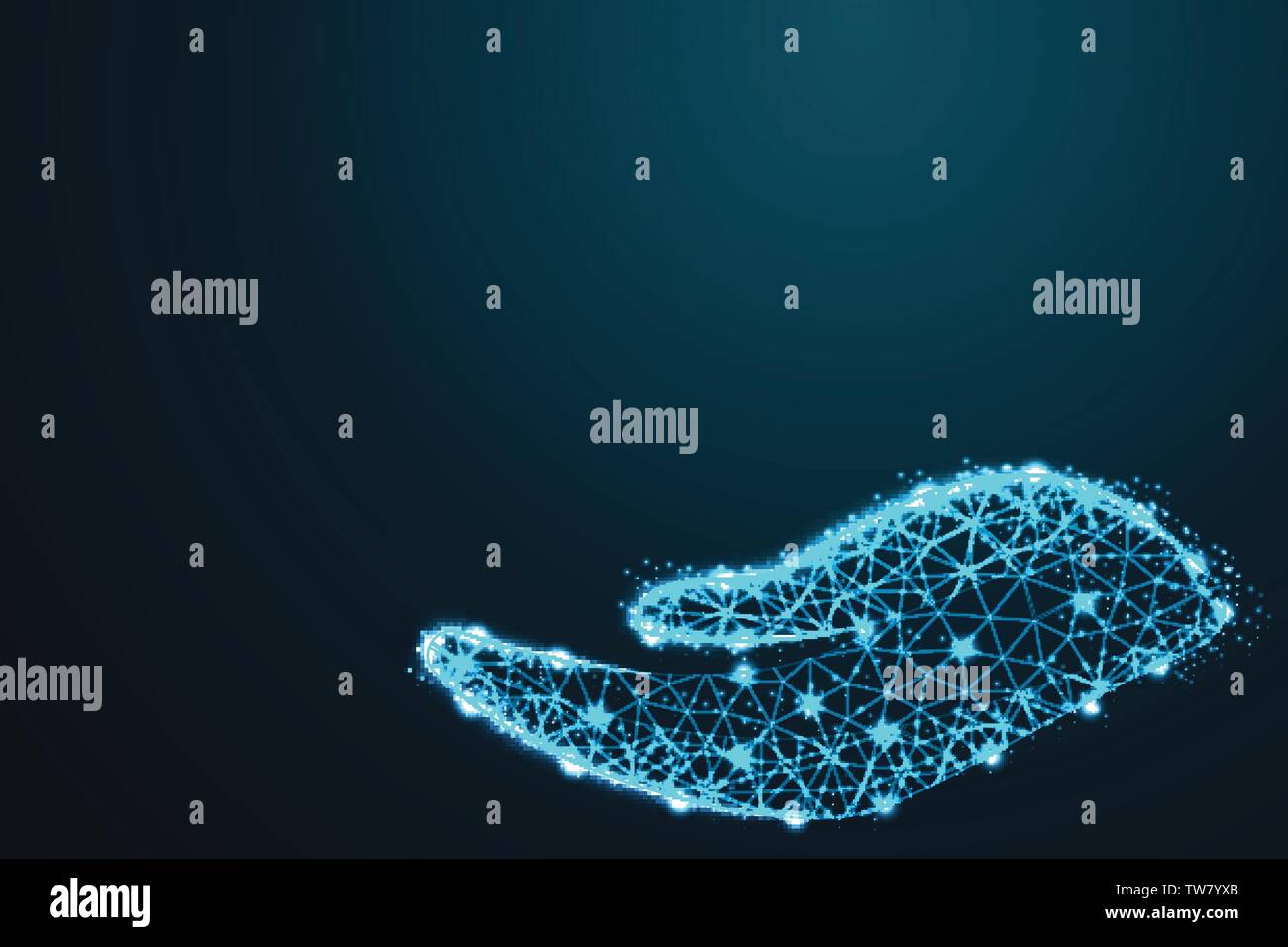 Hand care, concern, with crumbled edge on blue night sky with dots ...