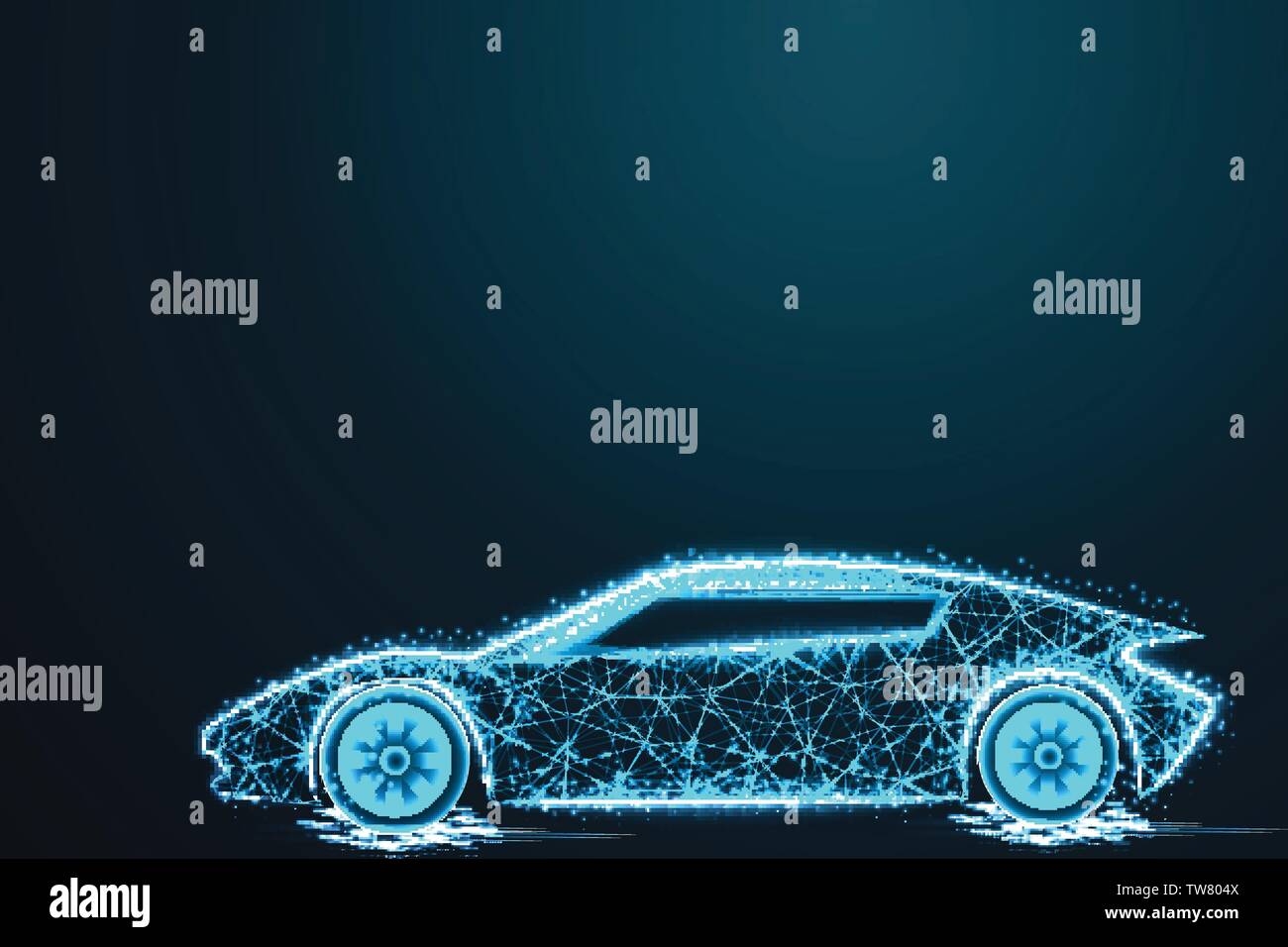 Sport car wire model with blue neon on dark background, with crumbled ...