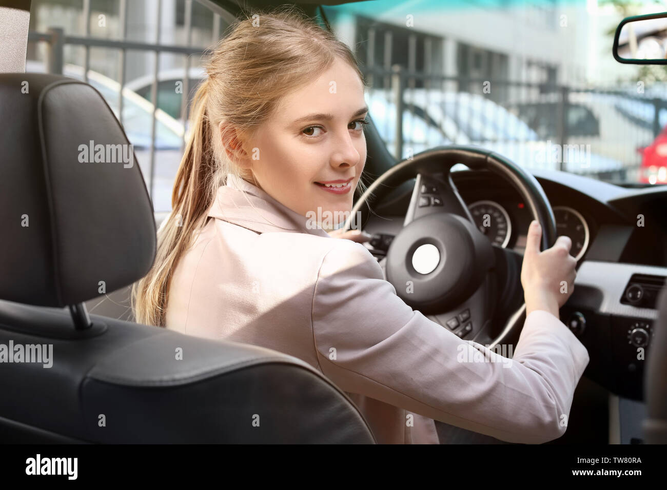 Woman driving modern car hi-res stock photography and images - Alamy