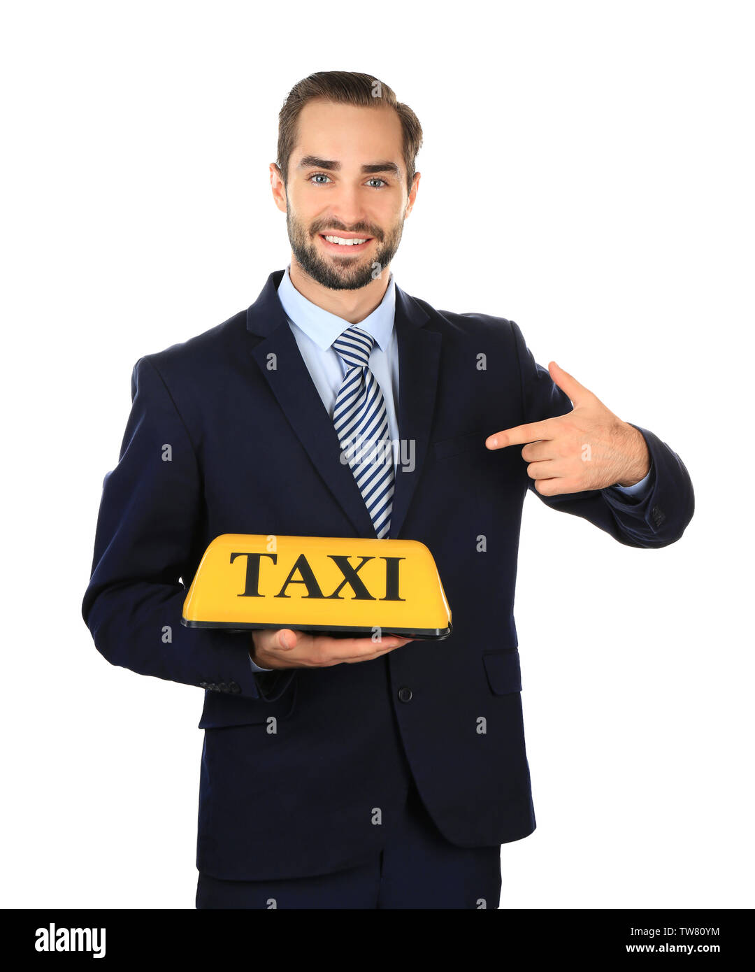 Handsome man with taxi roof light on white background Stock Photo - Alamy