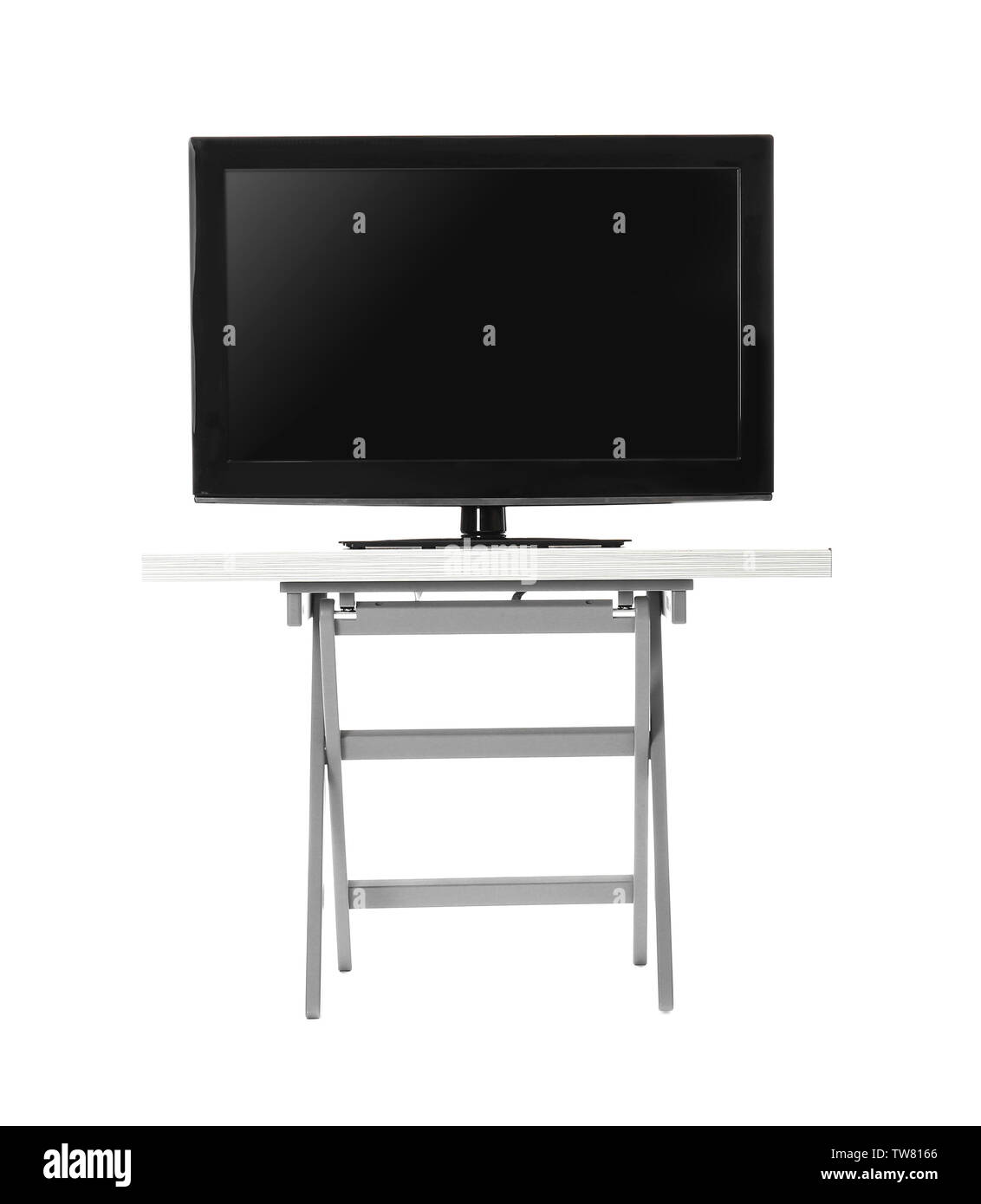 Stand with modern TV on white background Stock Photo - Alamy