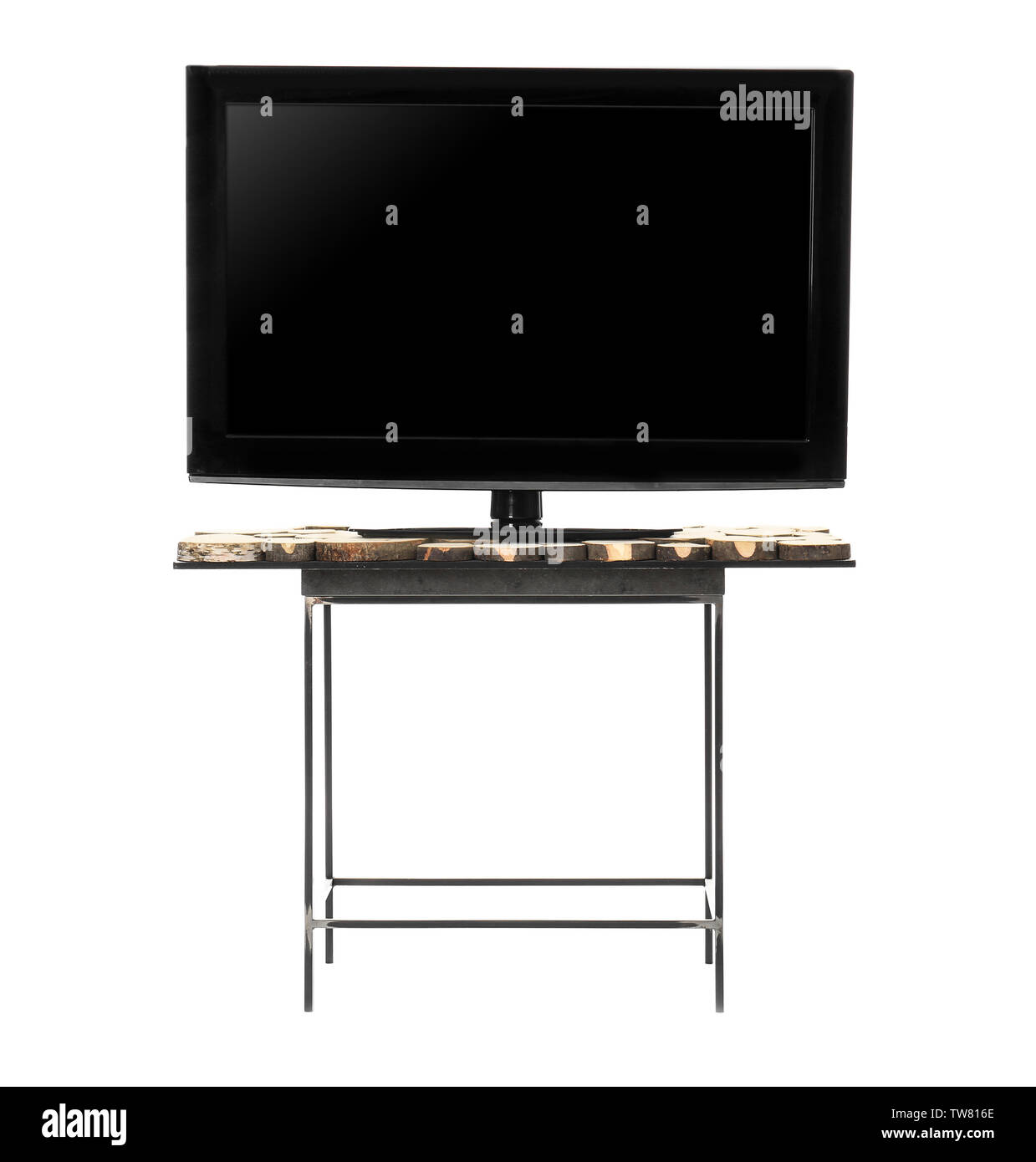 Stand with modern TV on white background Stock Photo - Alamy