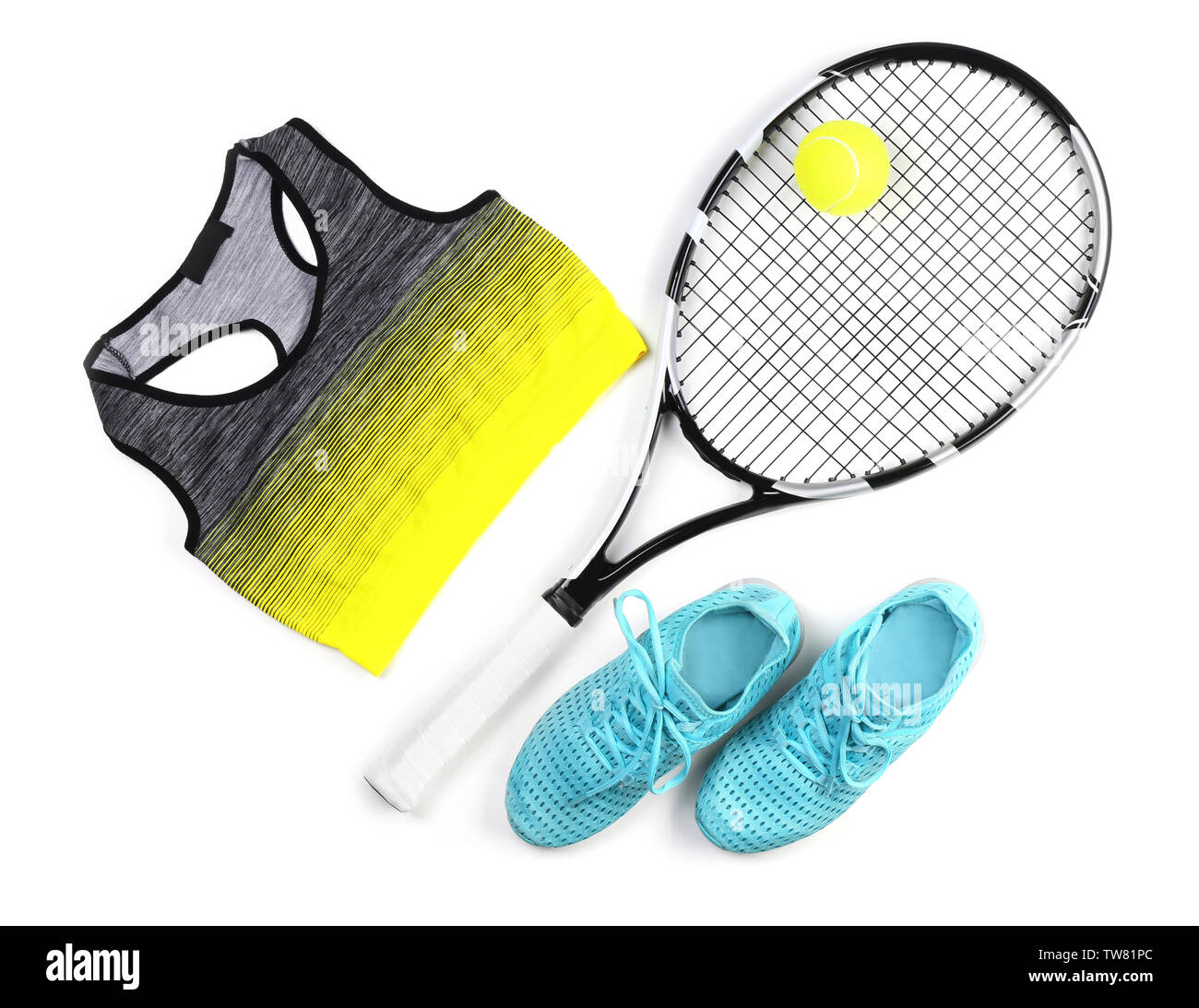 Tennis racket, ball, clothes and shoes on white background Stock Photo ...