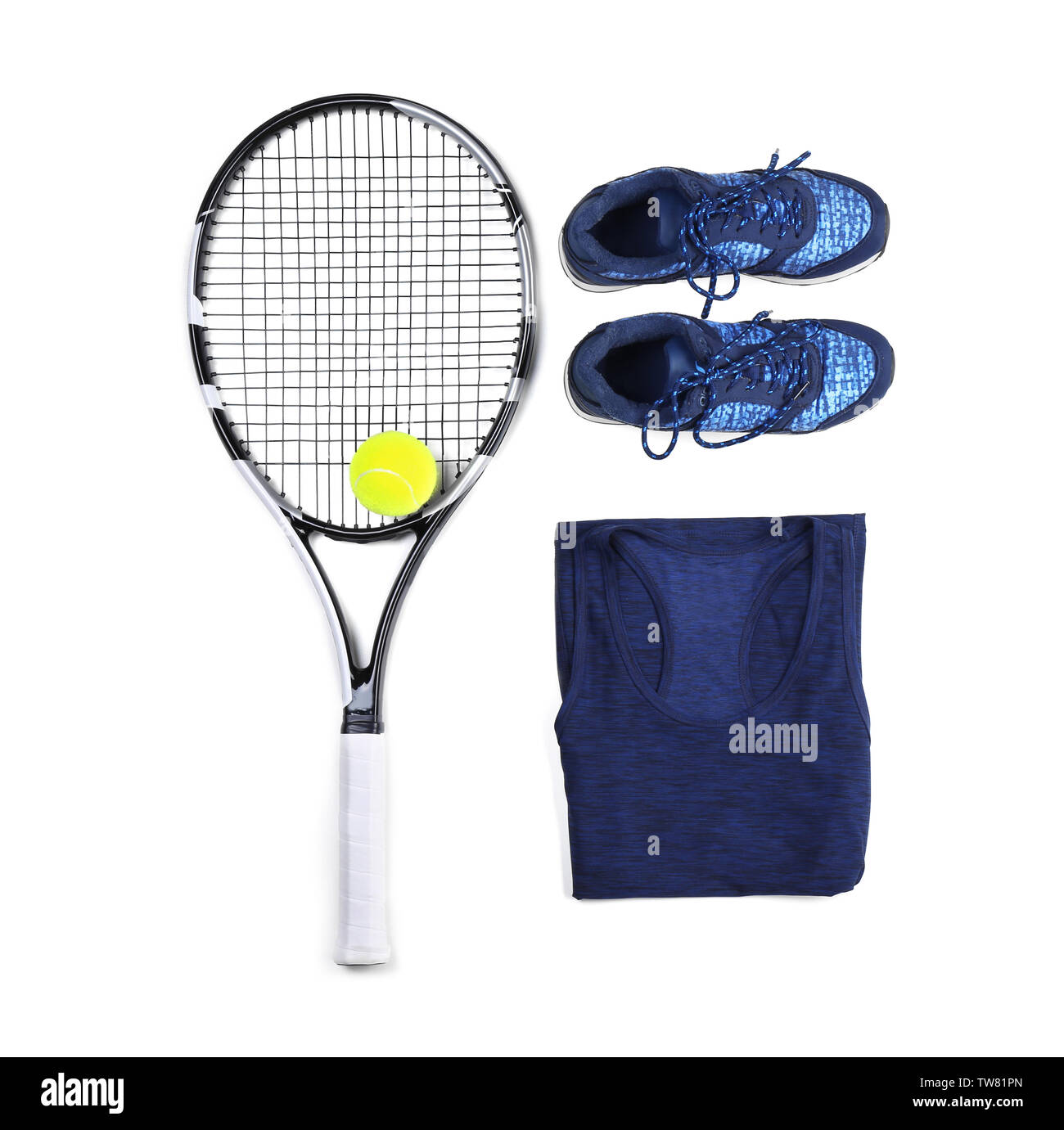 Tennis racket, ball, clothes and shoes on white background Stock Photo ...