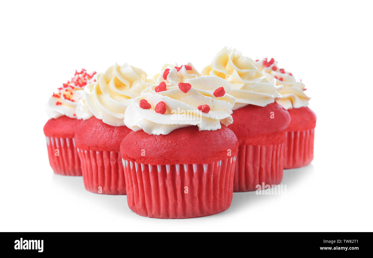 Delicious red velvet cupcakes on white background Stock Photo - Alamy