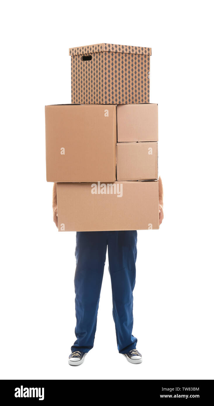 Man with moving boxes on white background Stock Photo - Alamy