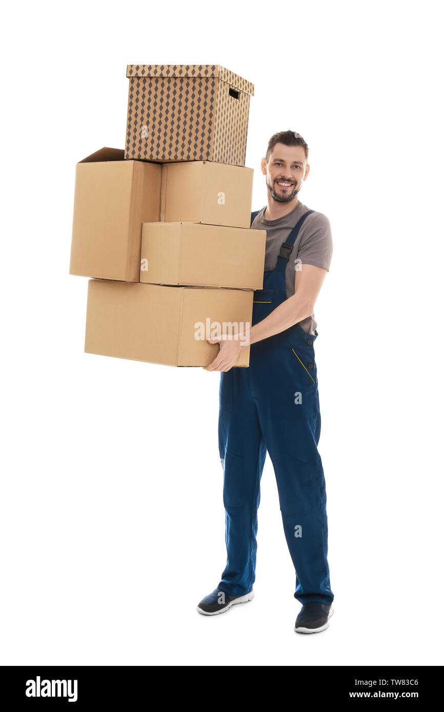Man with moving boxes on white background Stock Photo - Alamy