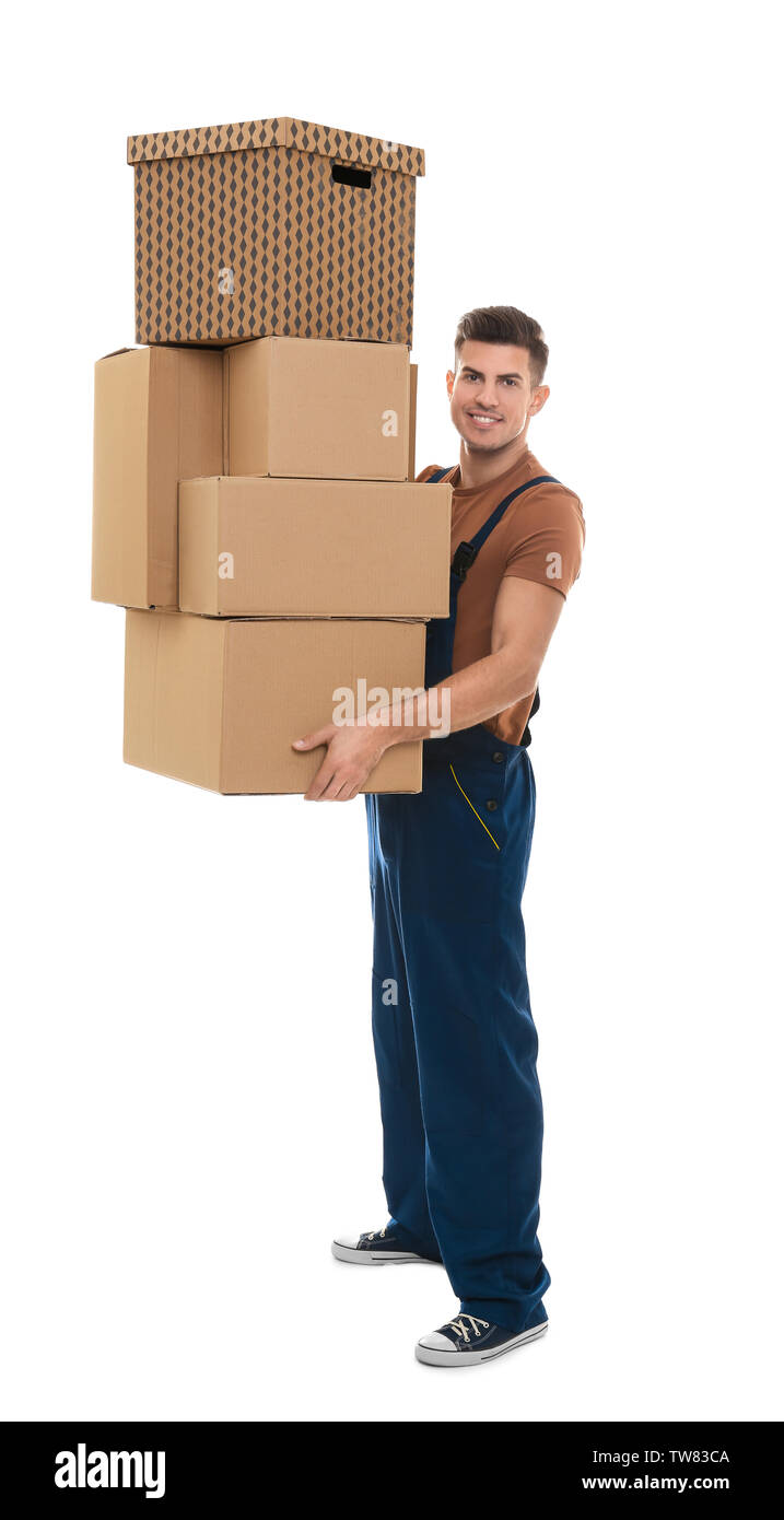 Man with moving boxes on white background Stock Photo - Alamy