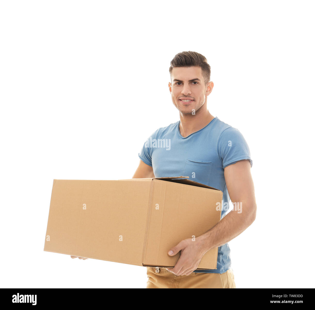Man with moving box on white background Stock Photo - Alamy