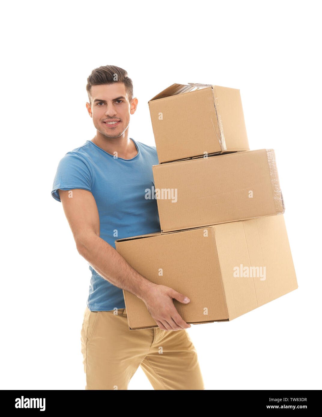 Man with moving boxes on white background Stock Photo - Alamy