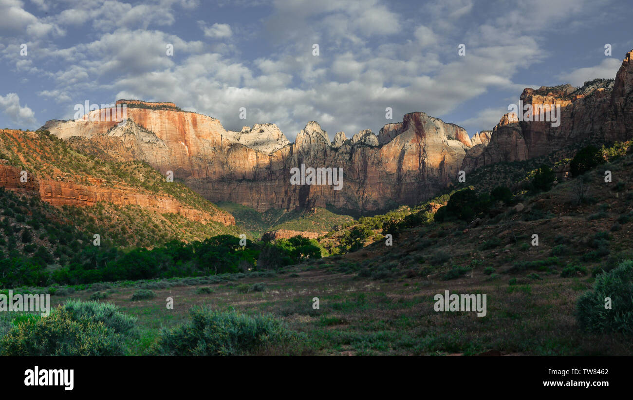 Sunrise in Zion National Park. Rock faces (West Temple, The Altar of ...