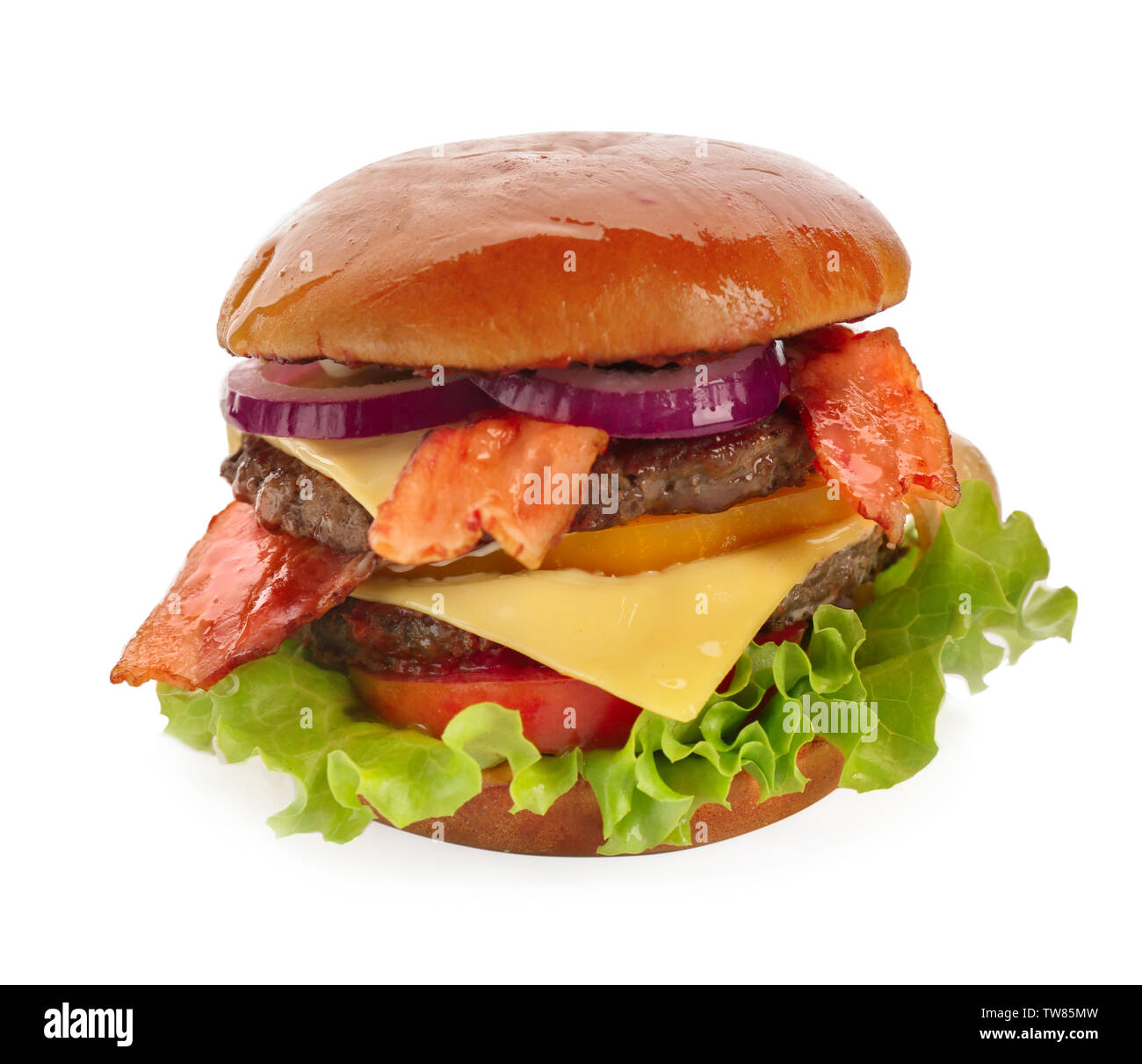 Delicious double burger on white background Stock Photo - Alamy