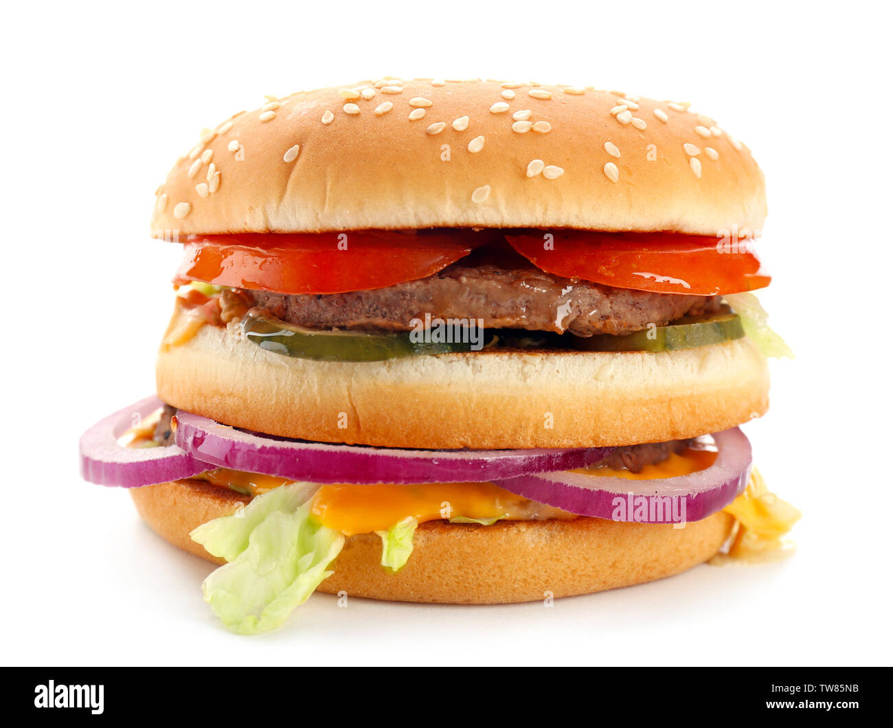 Delicious double burger on white background Stock Photo - Alamy