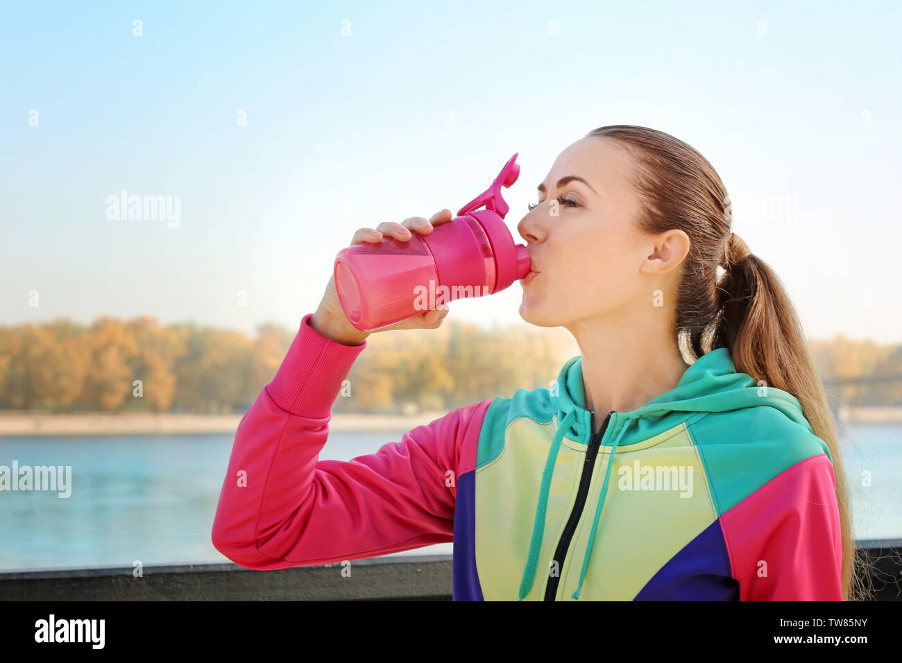 Woman drinking protein shake hi-res stock photography and images - Alamy
