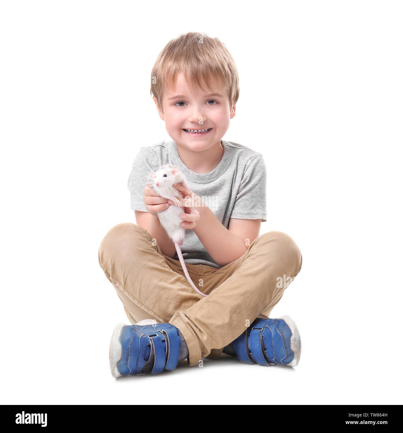 Little boy with cute pet rat sitting against white background Stock ...