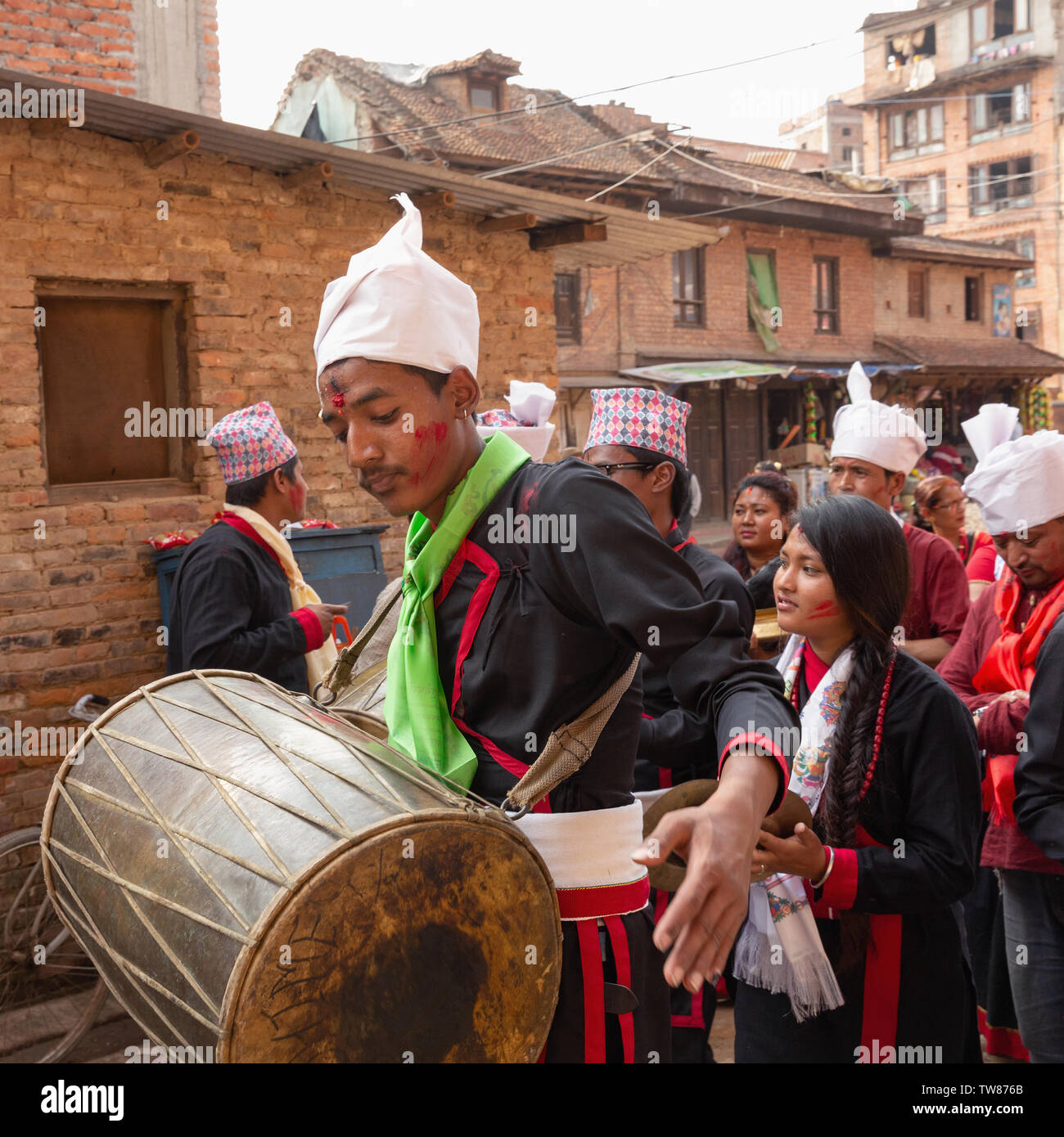 Nepali drummer at a festival parade, Bhaktapur, Province No. 3, Nepal ...