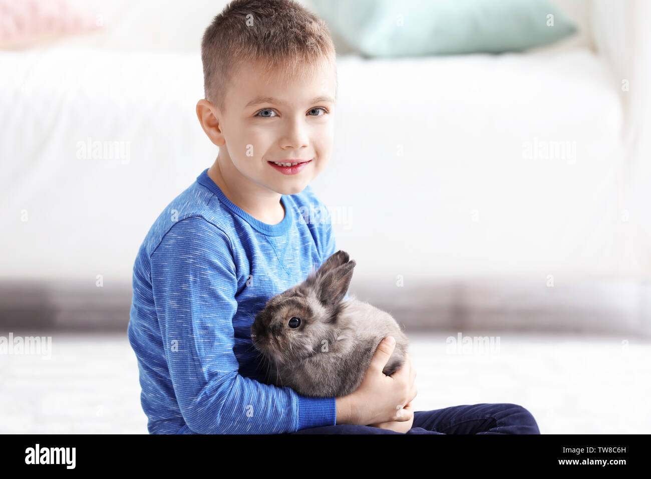 Little boy with adorable rabbit in room Stock Photo - Alamy