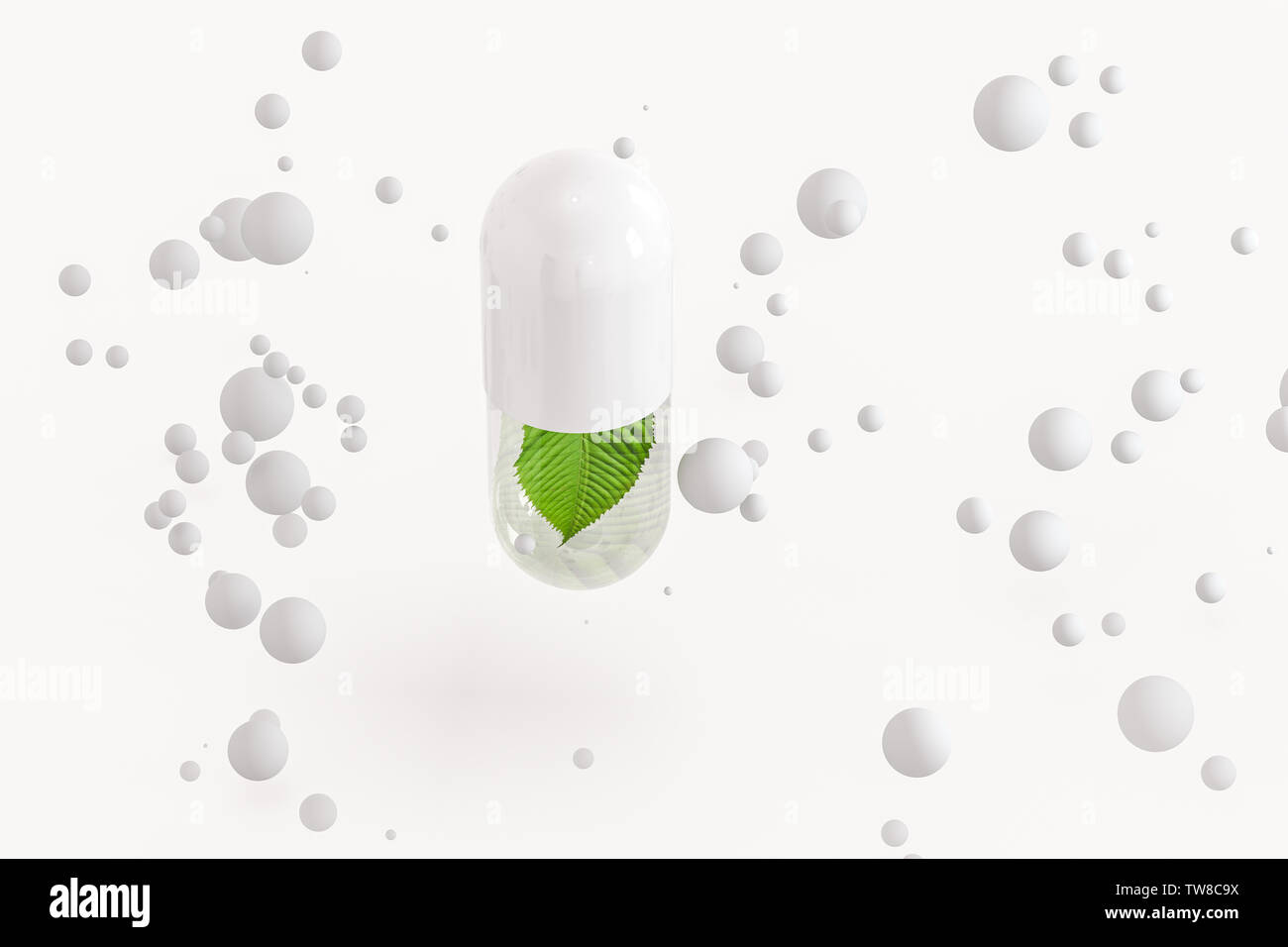 Three dimensional rendering, green capsule with pure white background ...