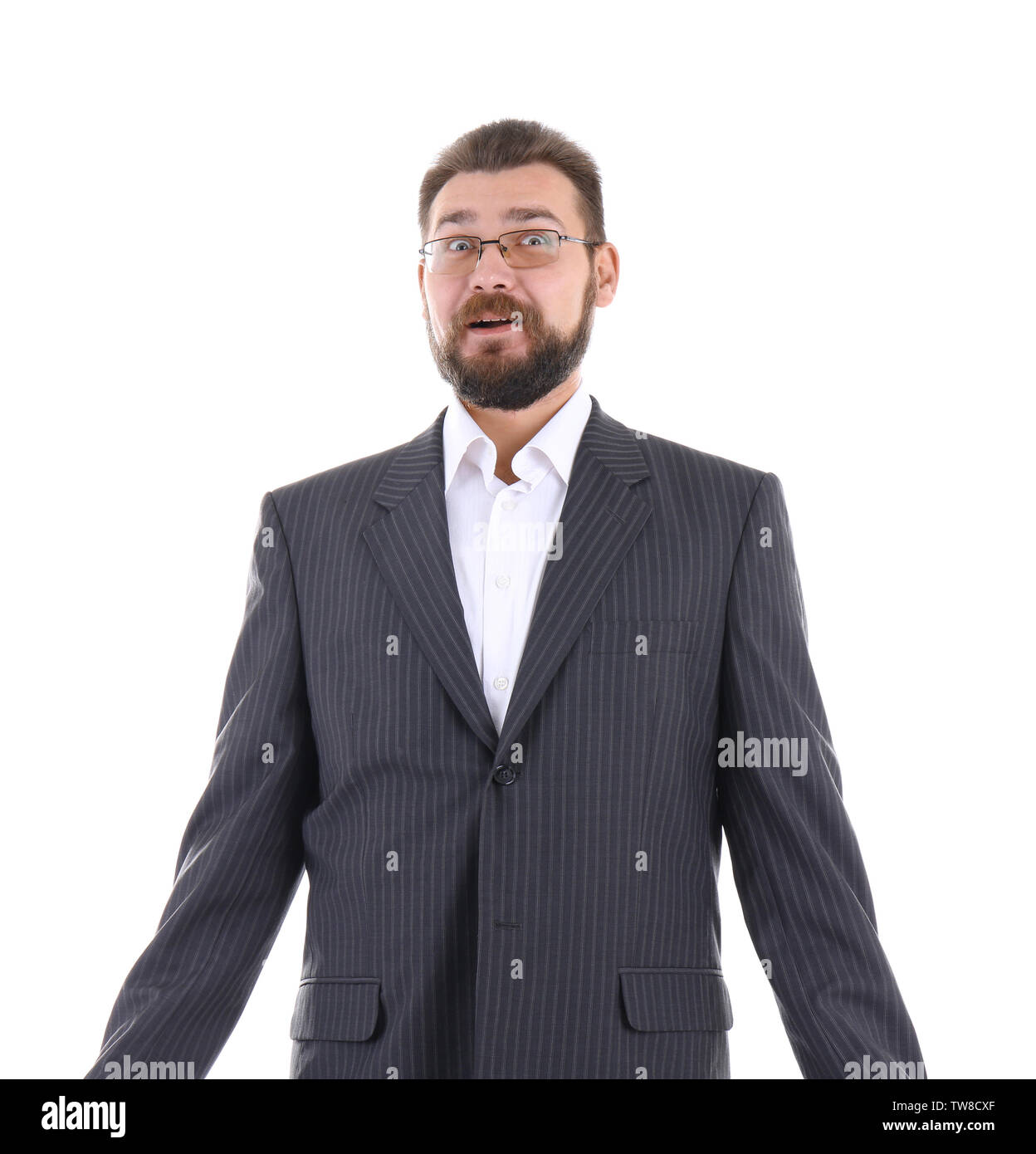 Portrait of surprised man in suit on white background Stock Photo - Alamy