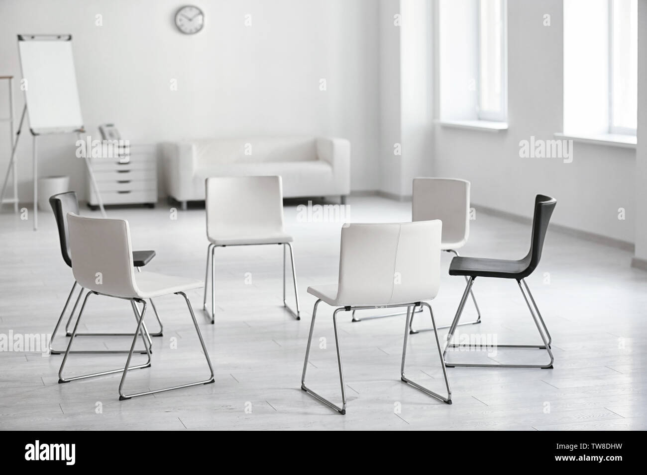 Chairs in room prepared for group psychotherapy session Stock Photo - Alamy