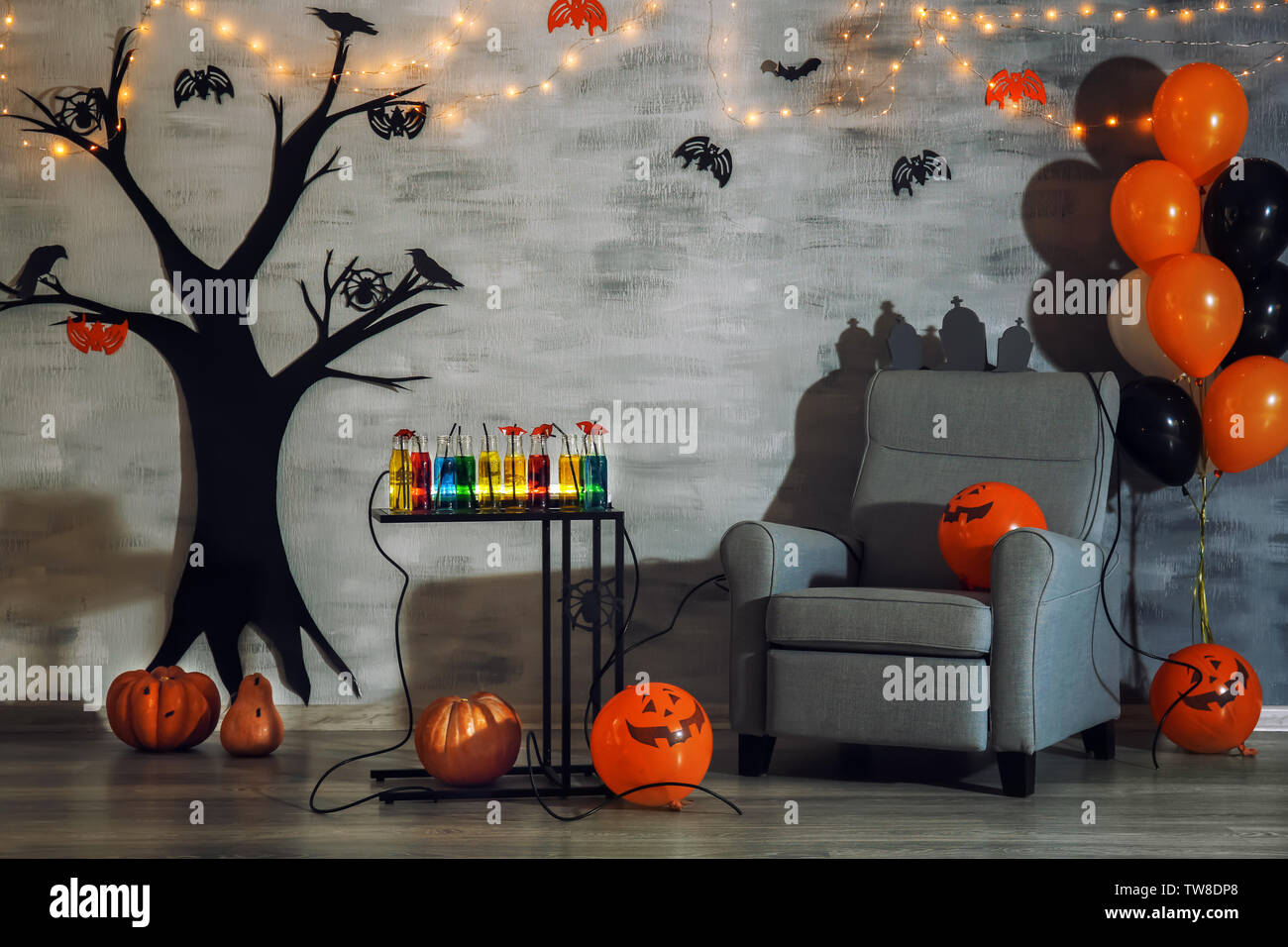 Interior of room decorated for Halloween party Stock Photo - Alamy