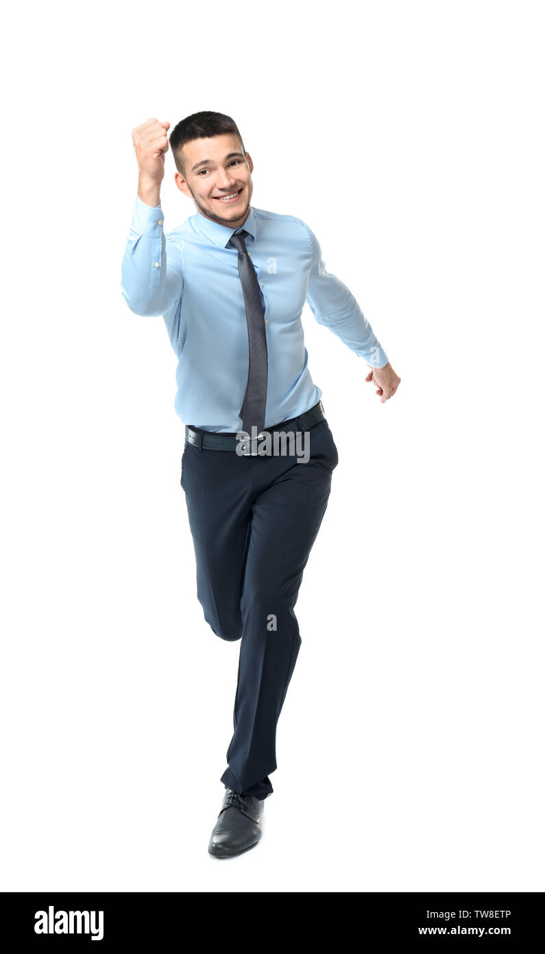 Young man in formal clothes running against white background Stock ...