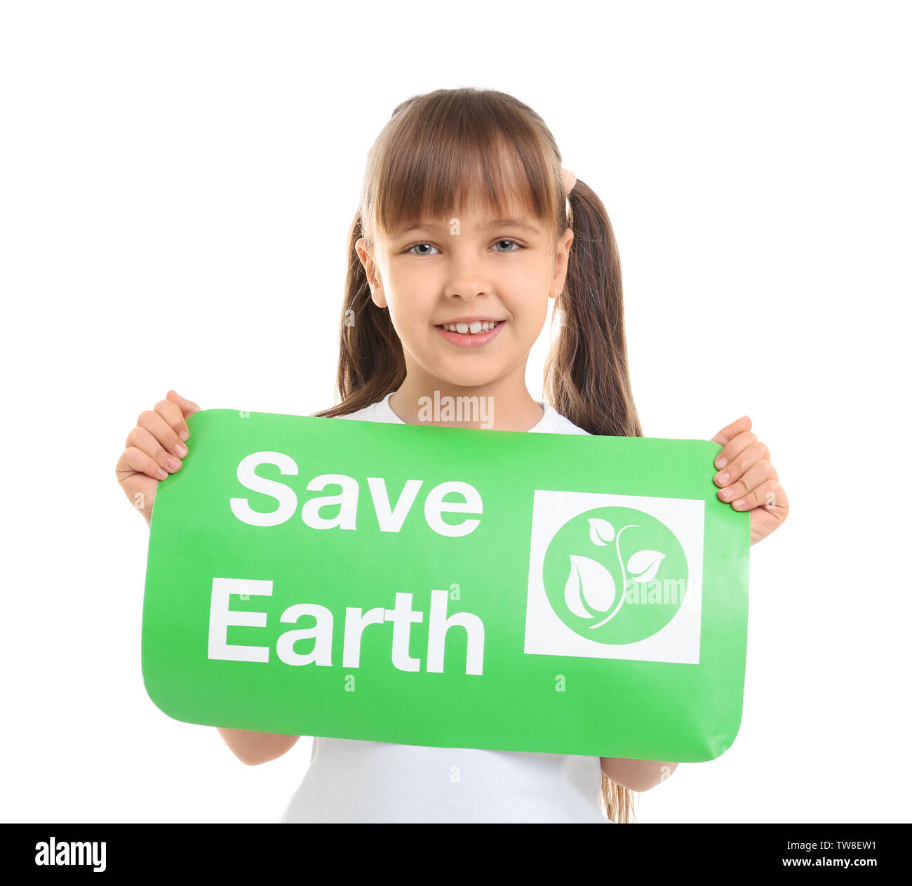 Little girl holding poster on white background. Save Earth concept ...