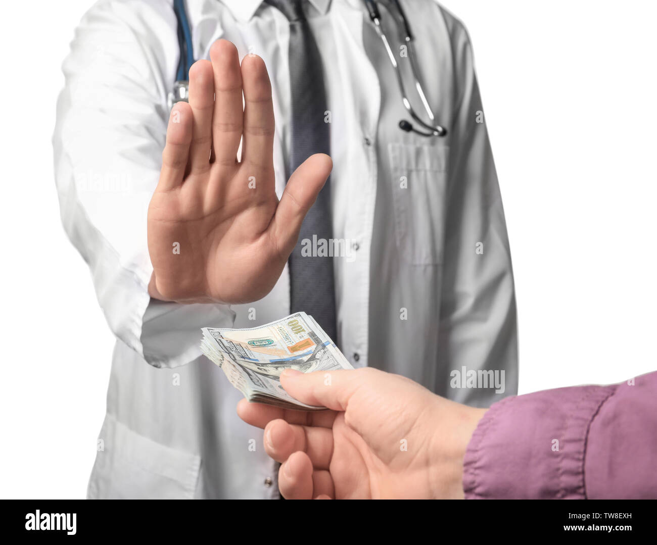 Doctor refusing to take money from man on white background. Corruption ...