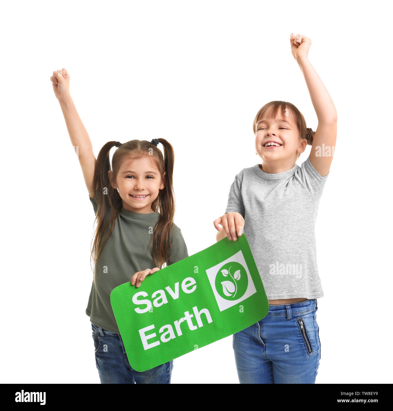 Little girls holding poster on white background. Save Earth concept ...