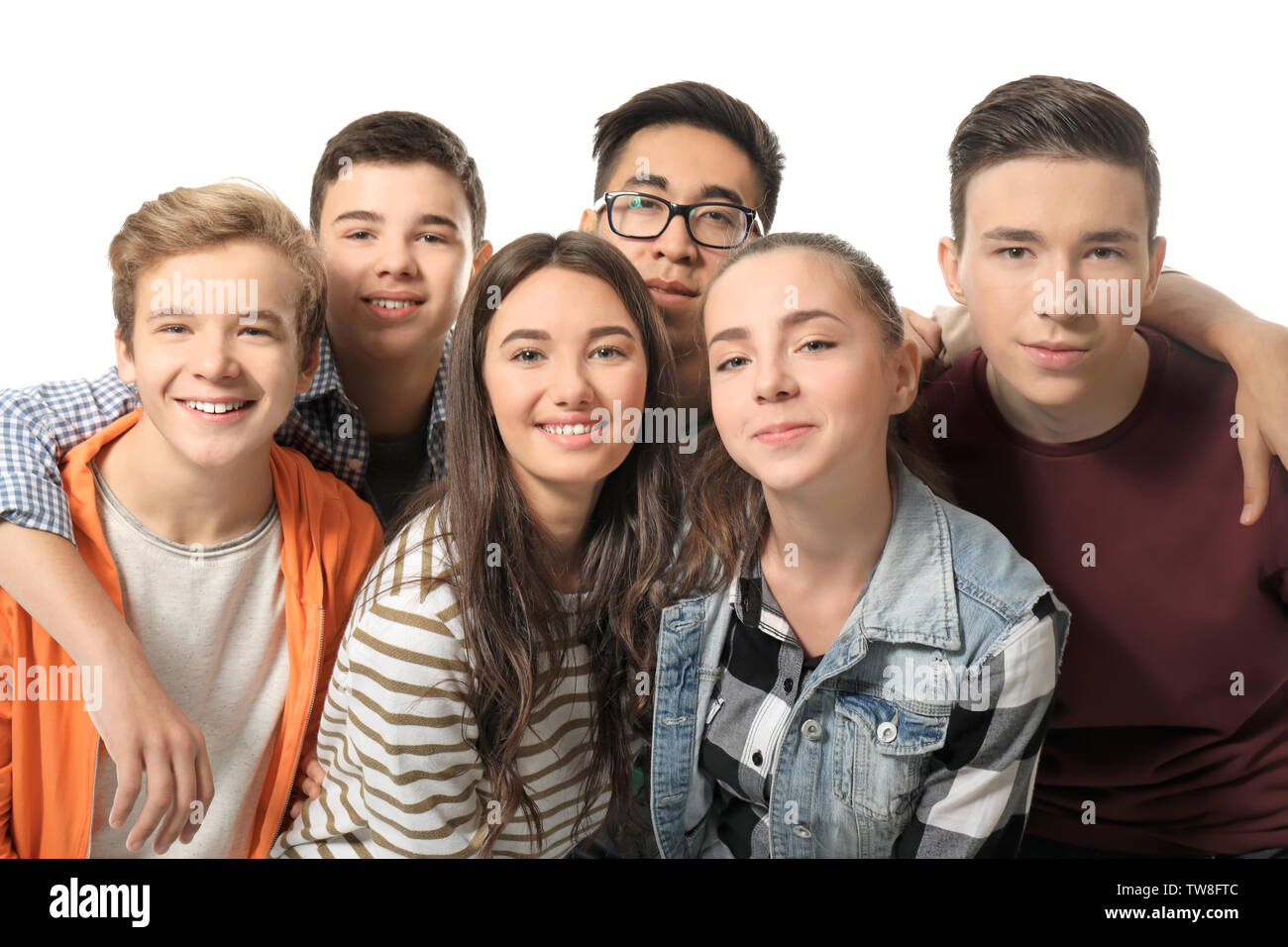 Group of cute teenagers on white background Stock Photo - Alamy