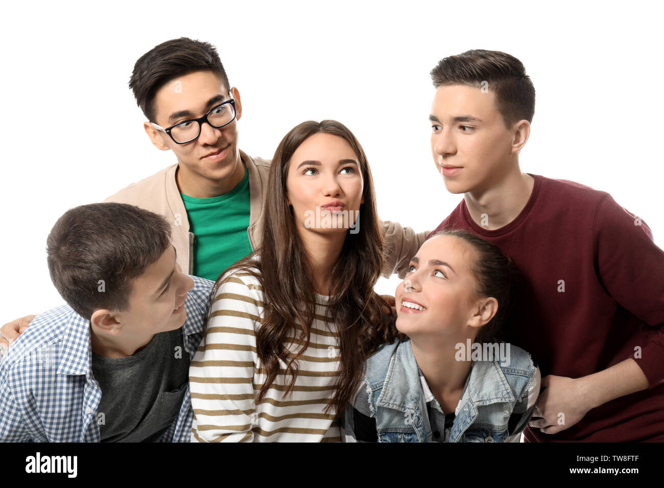 Group of funny teenagers on white background Stock Photo - Alamy