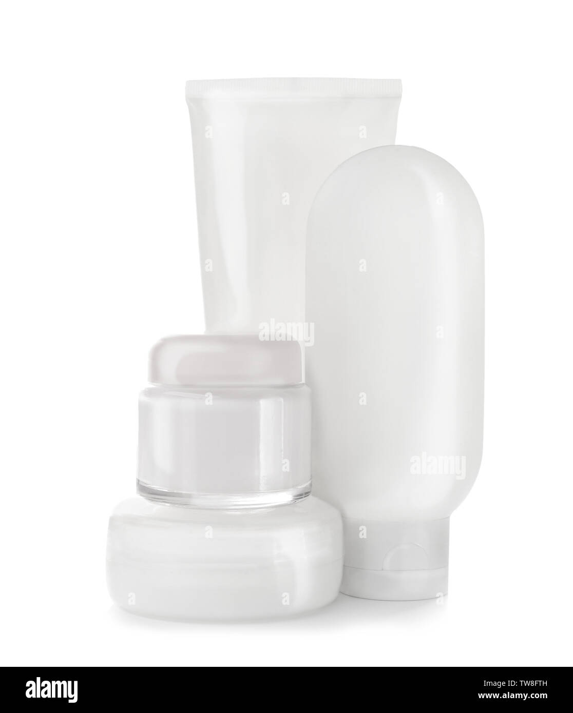 Different cosmetic products on white background Stock Photo - Alamy