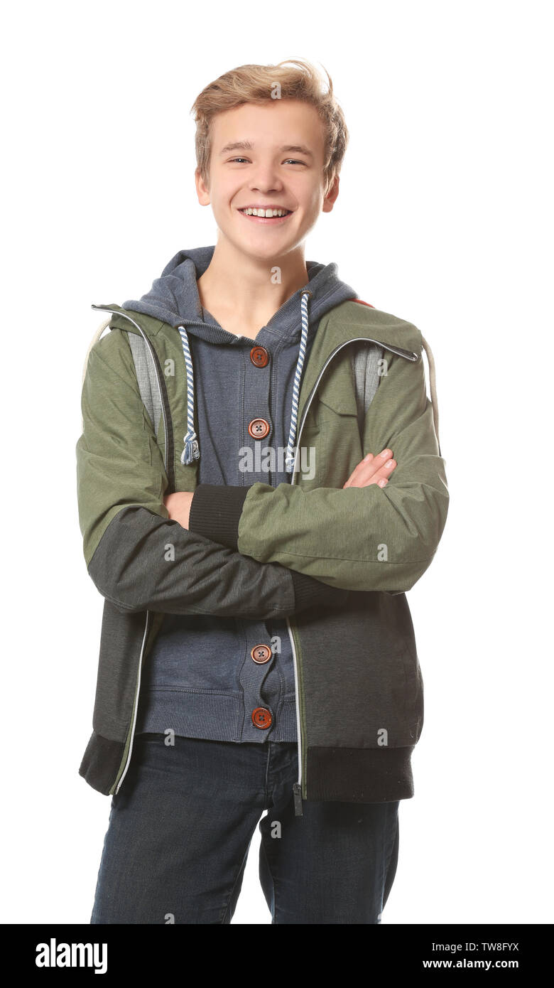 Cool teenage boy on white background Stock Photo - Alamy