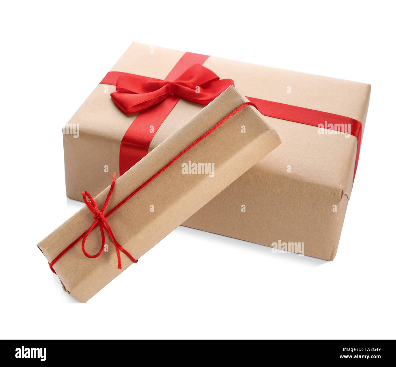 Parcel gift boxes on white background Stock Photo - Alamy