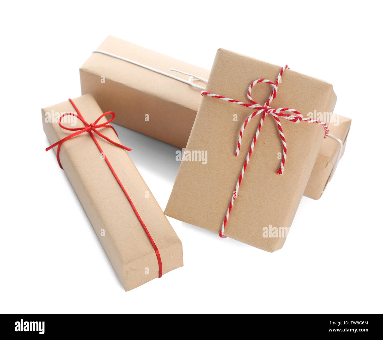 Parcel gift boxes on white background Stock Photo - Alamy