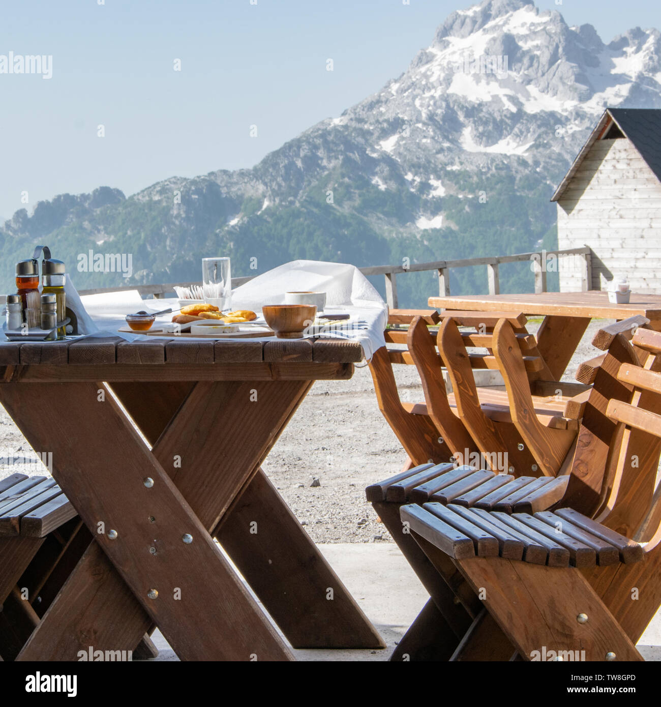Mountain resort table with healthy breakfast. Albania, Europe Stock ...