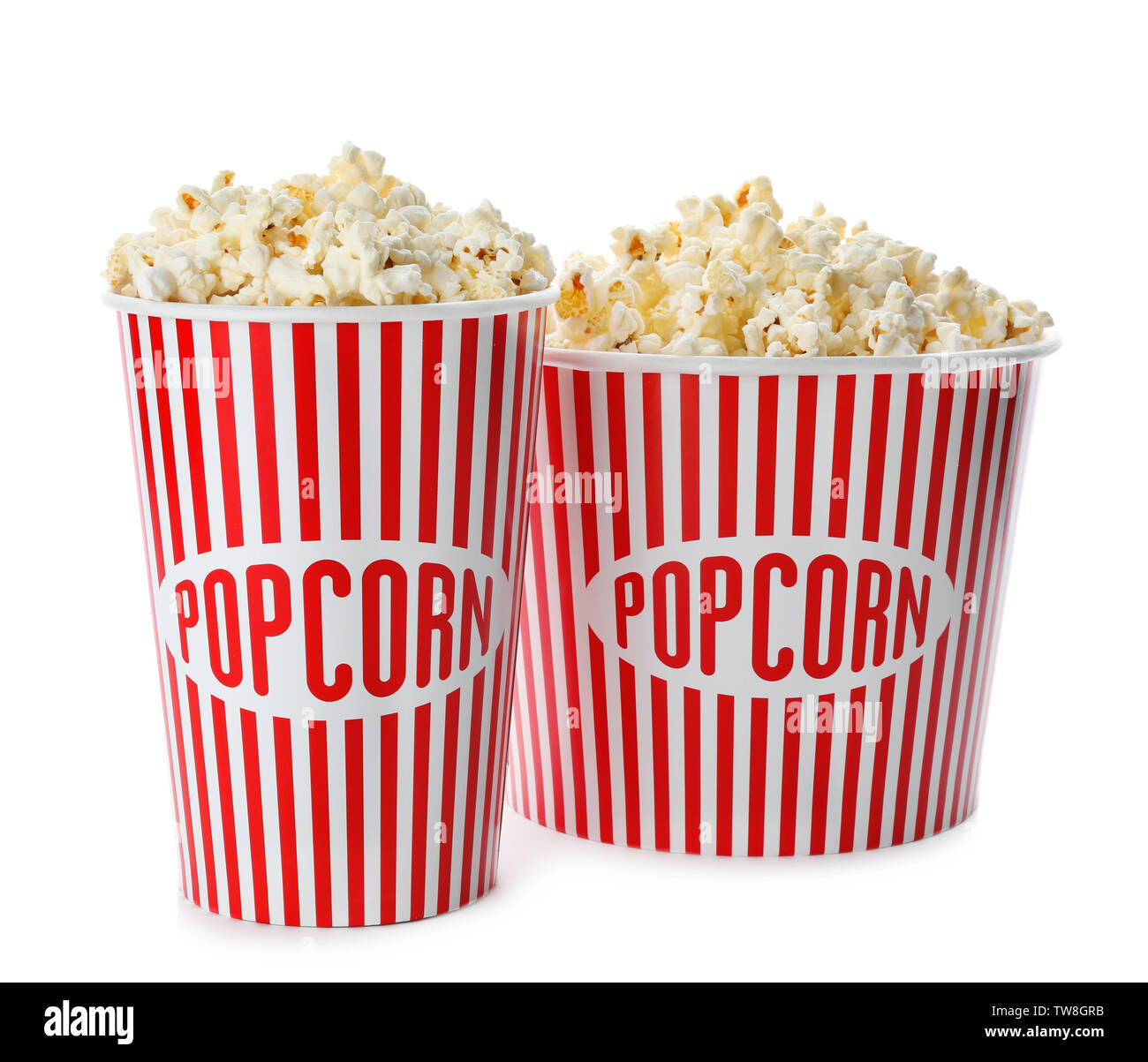Cups with popcorn on white background Stock Photo - Alamy