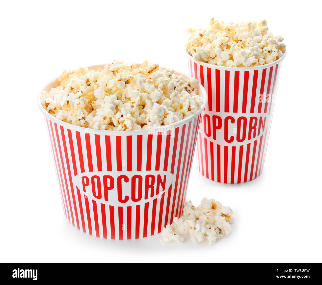 Cups with popcorn on white background Stock Photo - Alamy