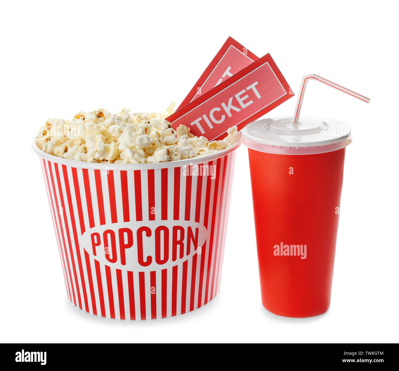 Cup with popcorn, soda and cinema tickets on white background Stock ...