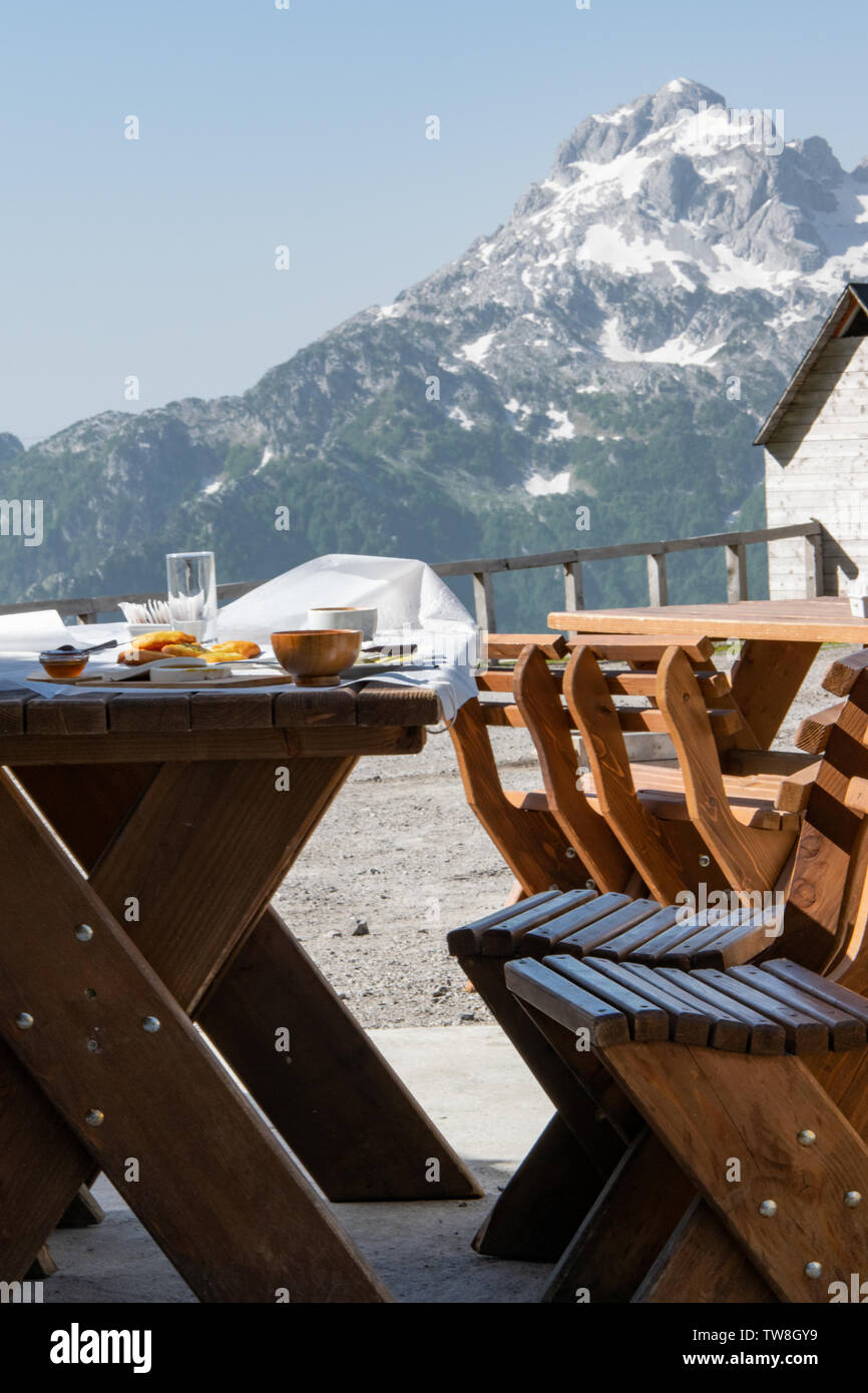 Mountain resort table with healthy breakfast. Albania, Europe Stock ...