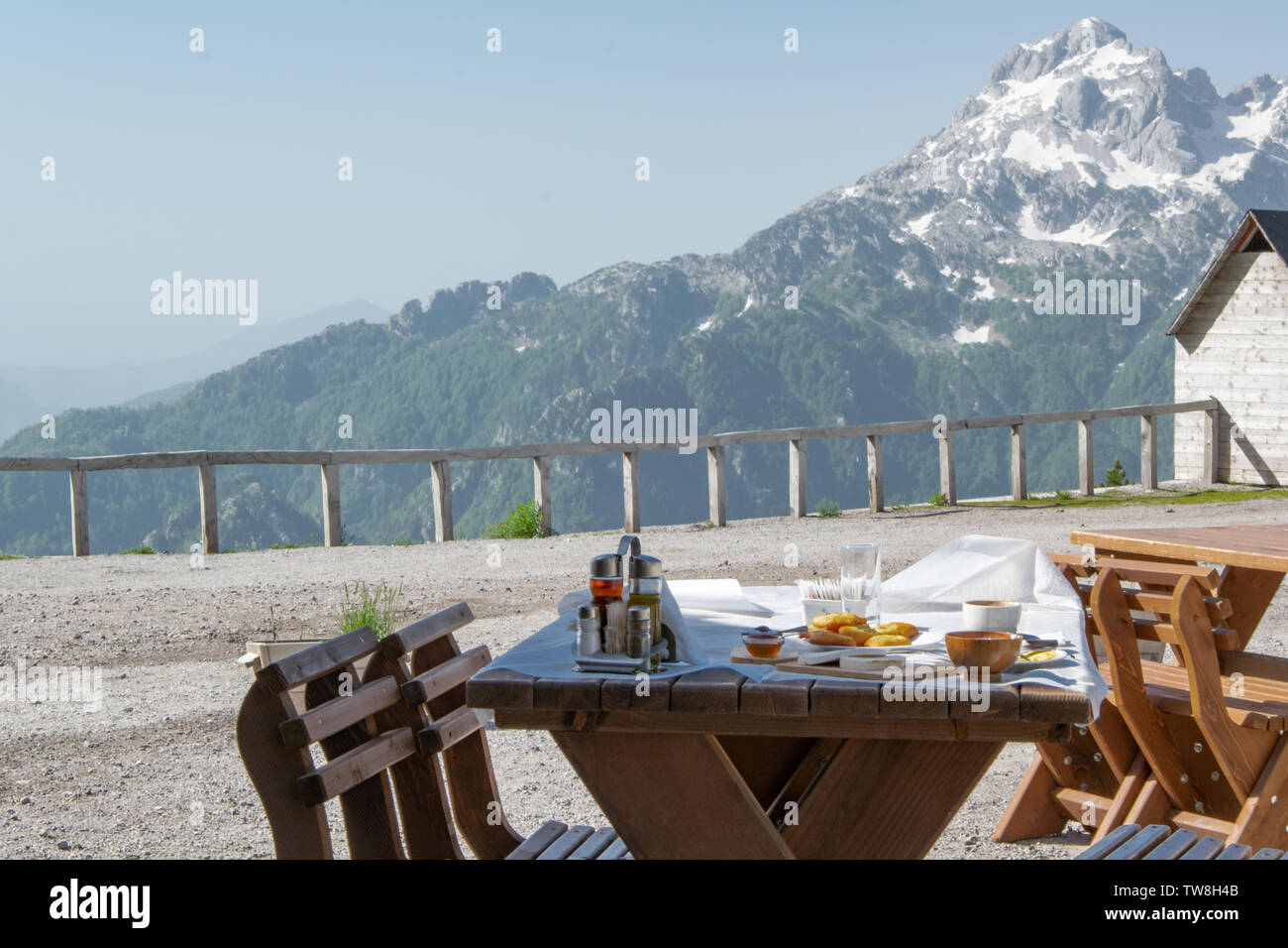 Mountain resort table with healthy breakfast. Albania, Europe Stock ...