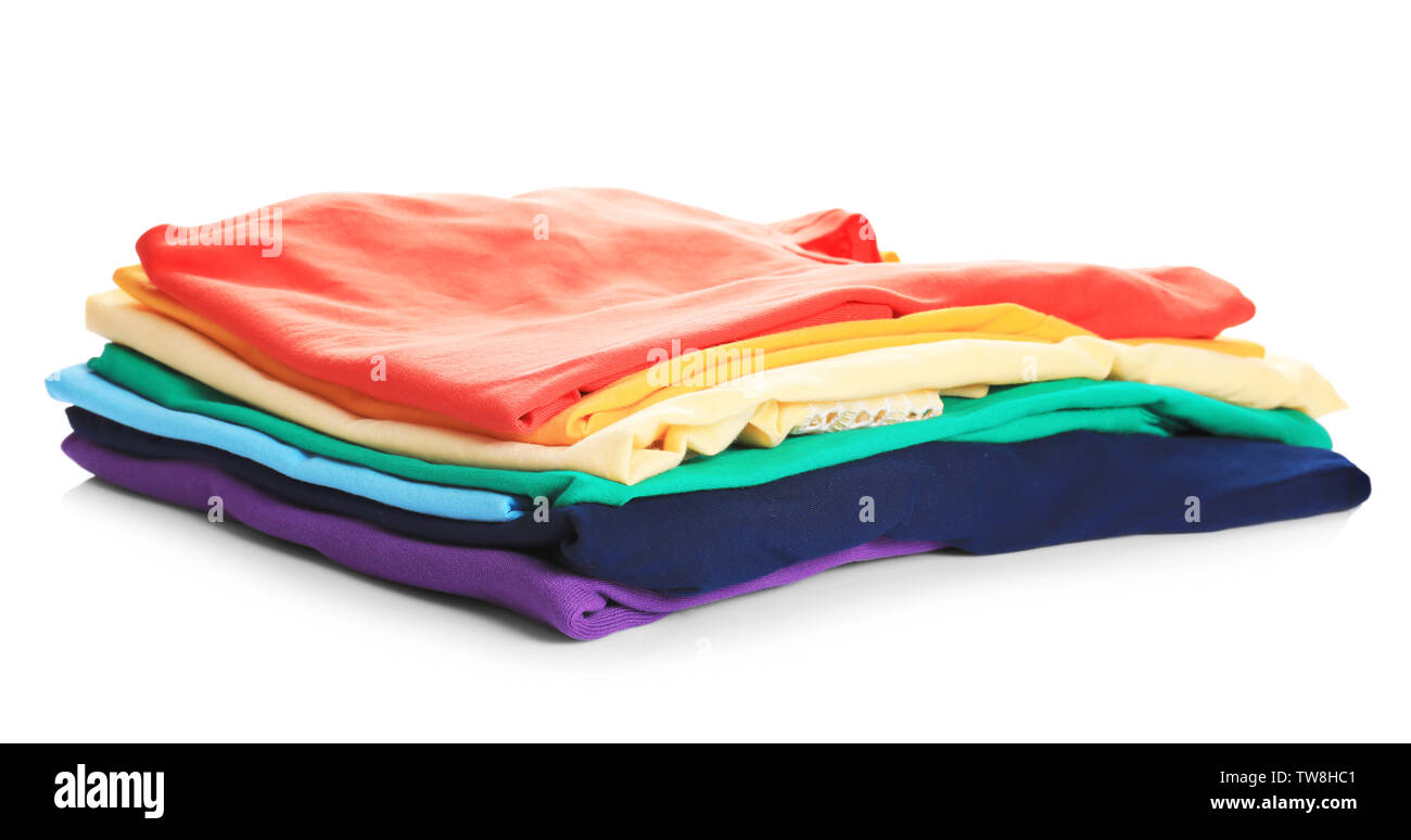 Folded rainbow clothes on white background Stock Photo - Alamy