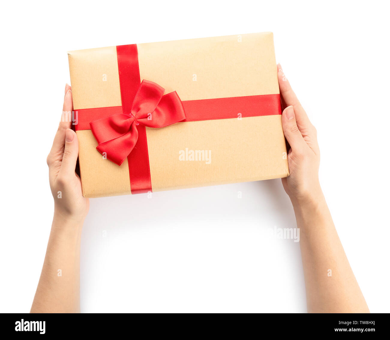 Woman with parcel gift box on white background Stock Photo - Alamy