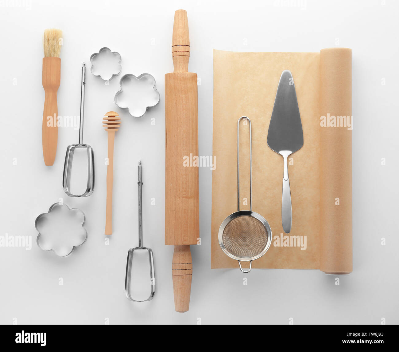 Kitchen utensils for pastries on white background Stock Photo - Alamy