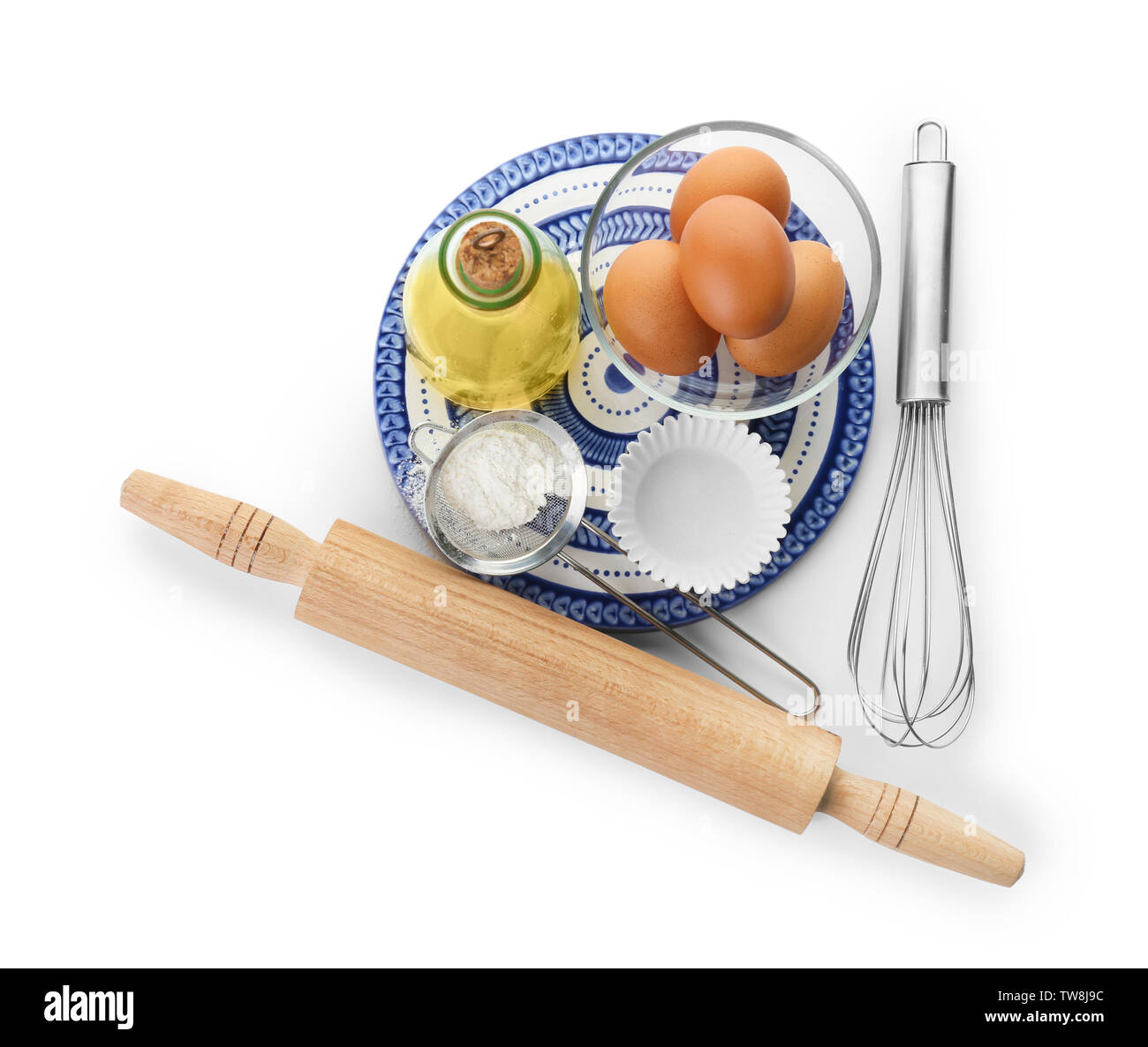 Kitchen utensils and ingredients for pastries on white background Stock ...