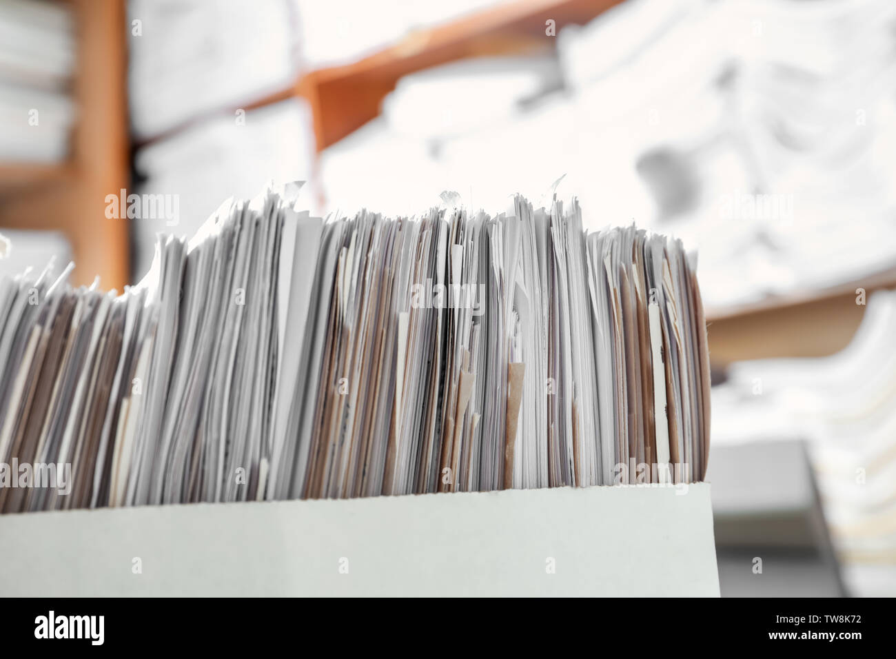 Cardboard box with old paper documents in archive, closeup Stock Photo ...