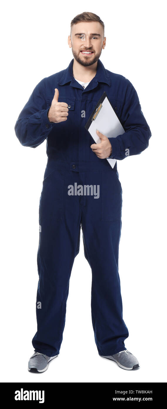 Handsome auto mechanic showing thumb-up gesture on white background ...