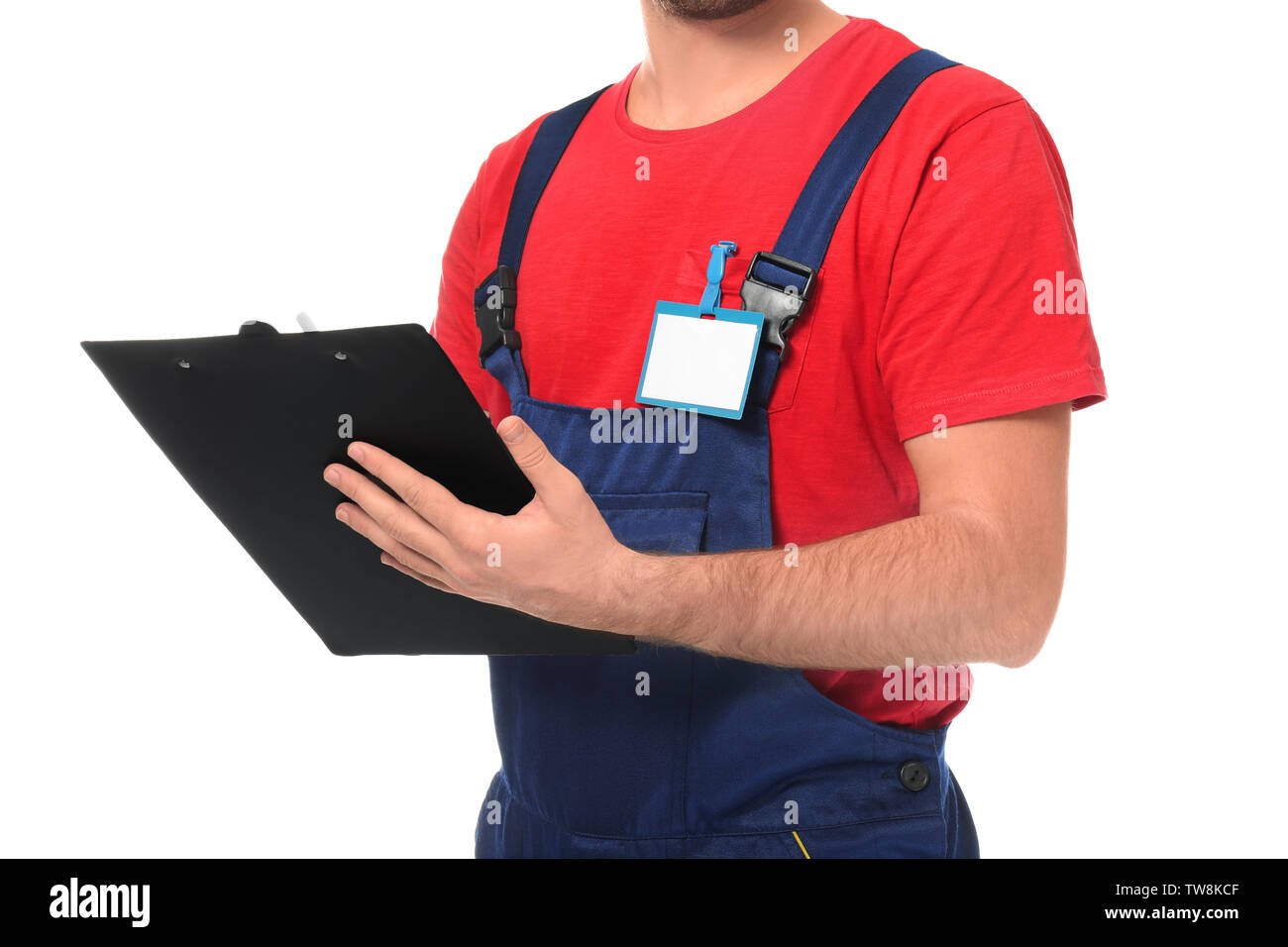 Auto mechanic with clipboard on white background, closeup Stock Photo ...