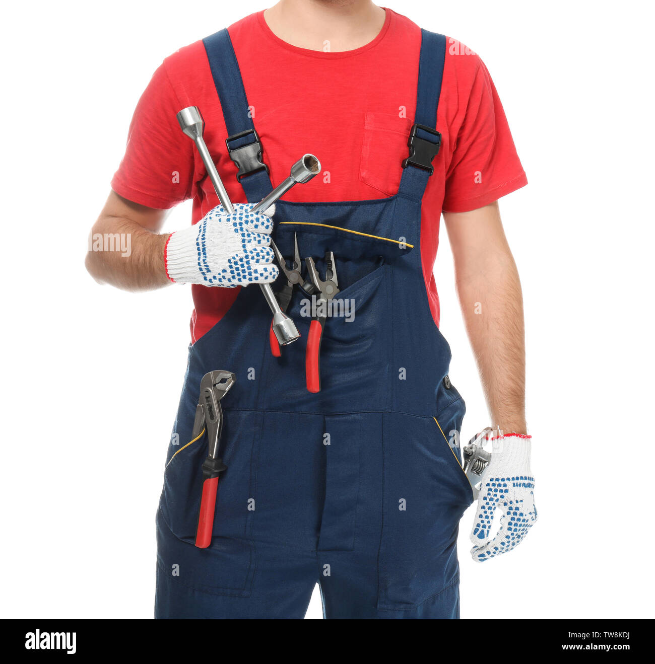 Auto mechanic with tools on white background Stock Photo - Alamy